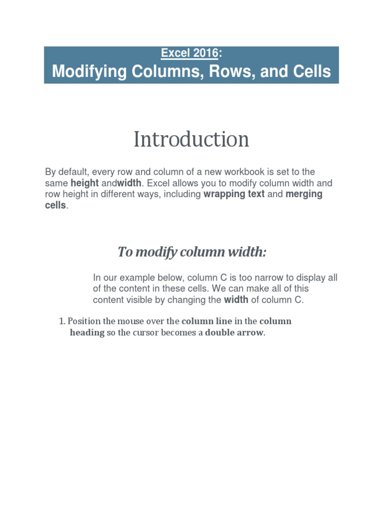 Modifying Columns Rows And Cells To Modify Column Width Pdf Microsoft Excel Menu