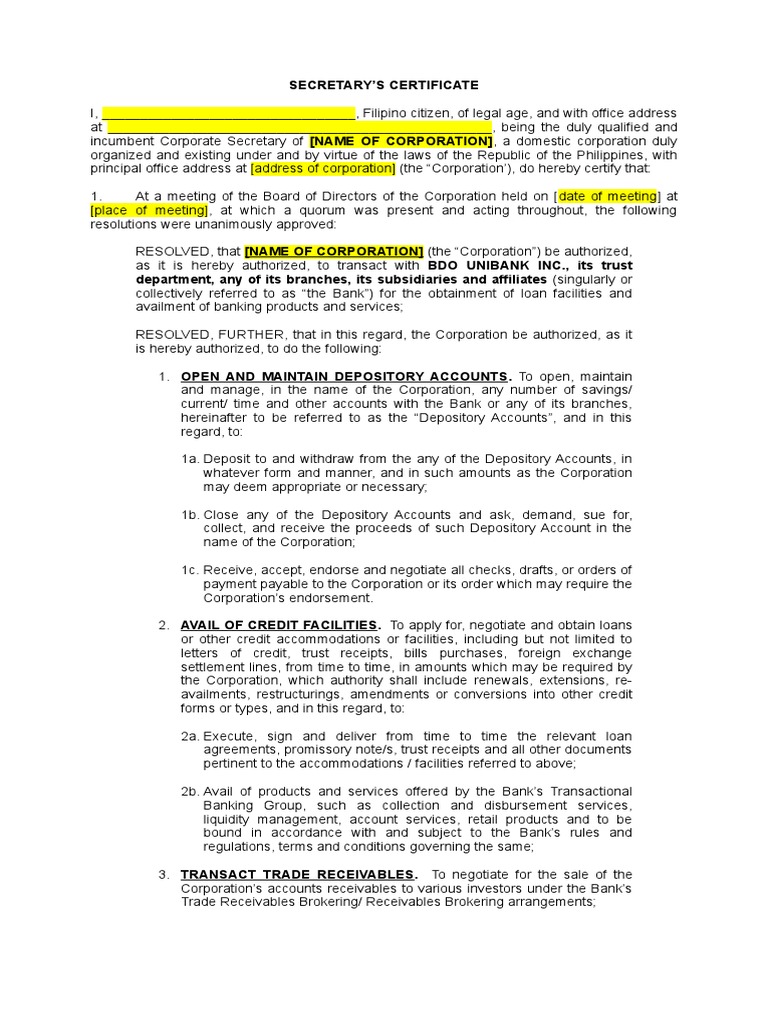 BDO Secretary's Certificate Template | PDF | Securities (Finance) | Banks