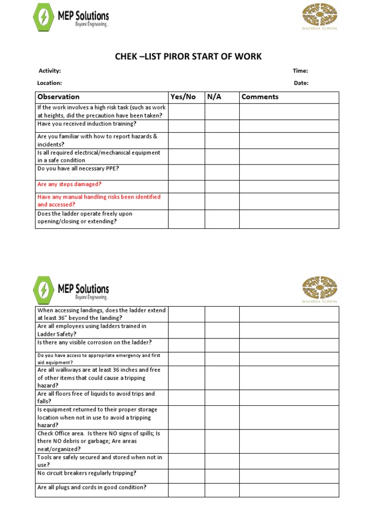 PIROR Work Safety Checklist | PDF