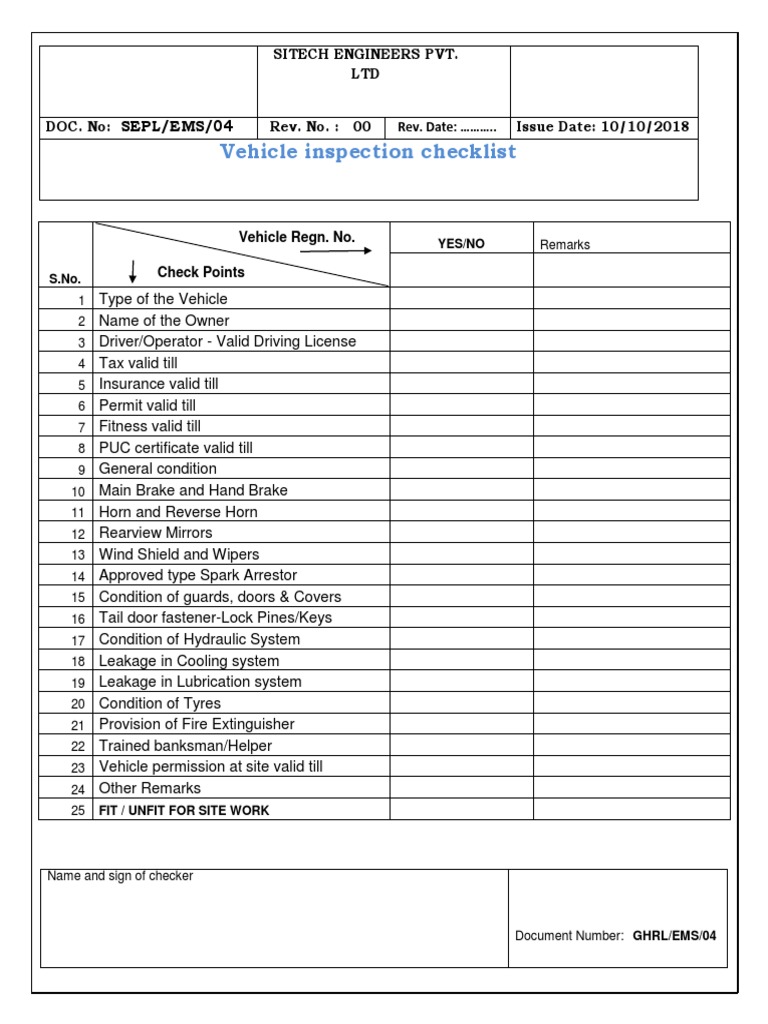 Vehicles Inspection Checklist | PDF