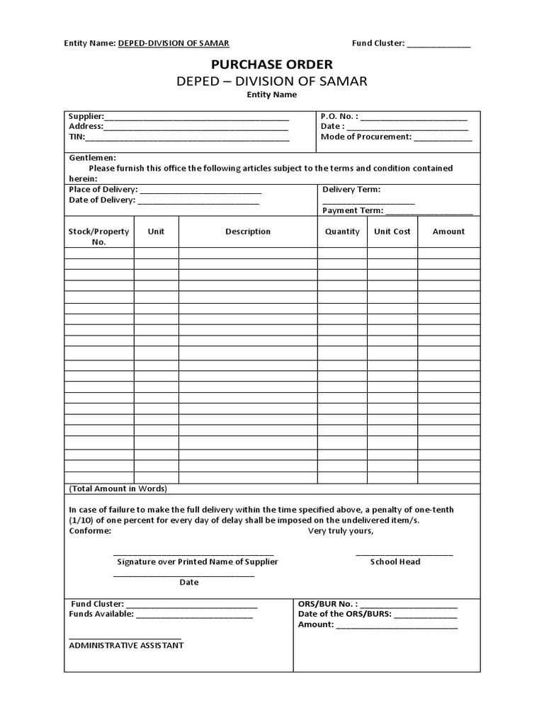 Purchase Order for School Supplies from DEPED Division of Samar | PDF