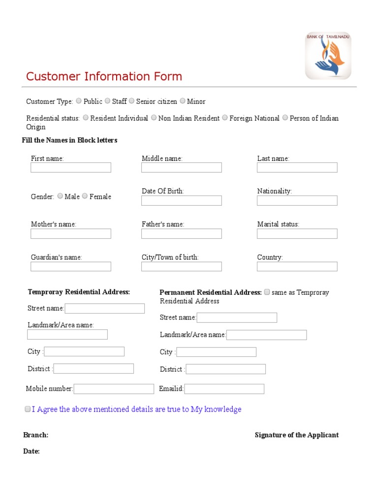 Customer Information Form: I Agree The Above Mentioned Details Are True ...