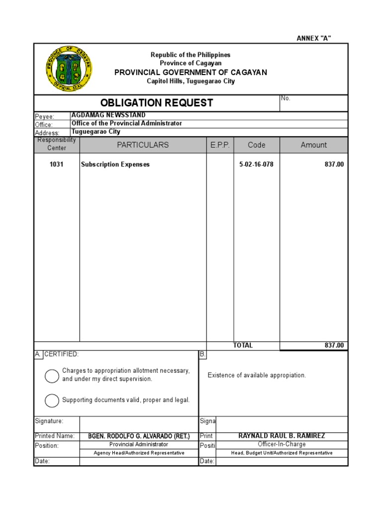 Cagayan Provincial Obligation Request Form | PDF
