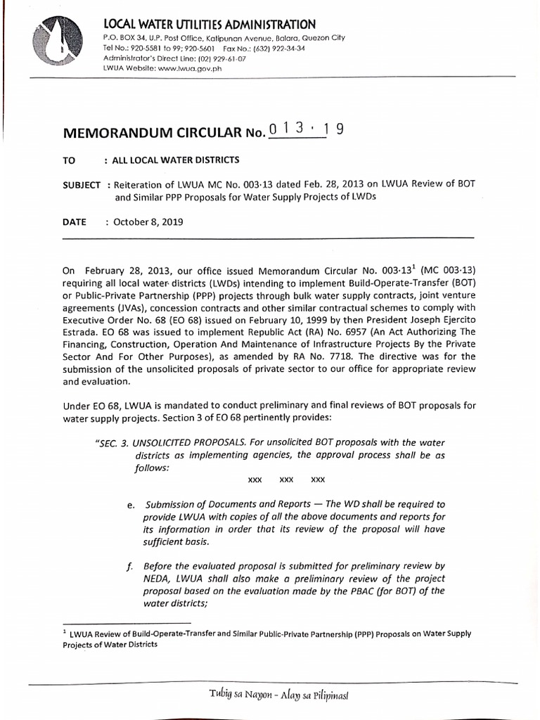 MC 013-19 Reiteration of LWUA MC No. 003-13 On Review of Build-Operate ...