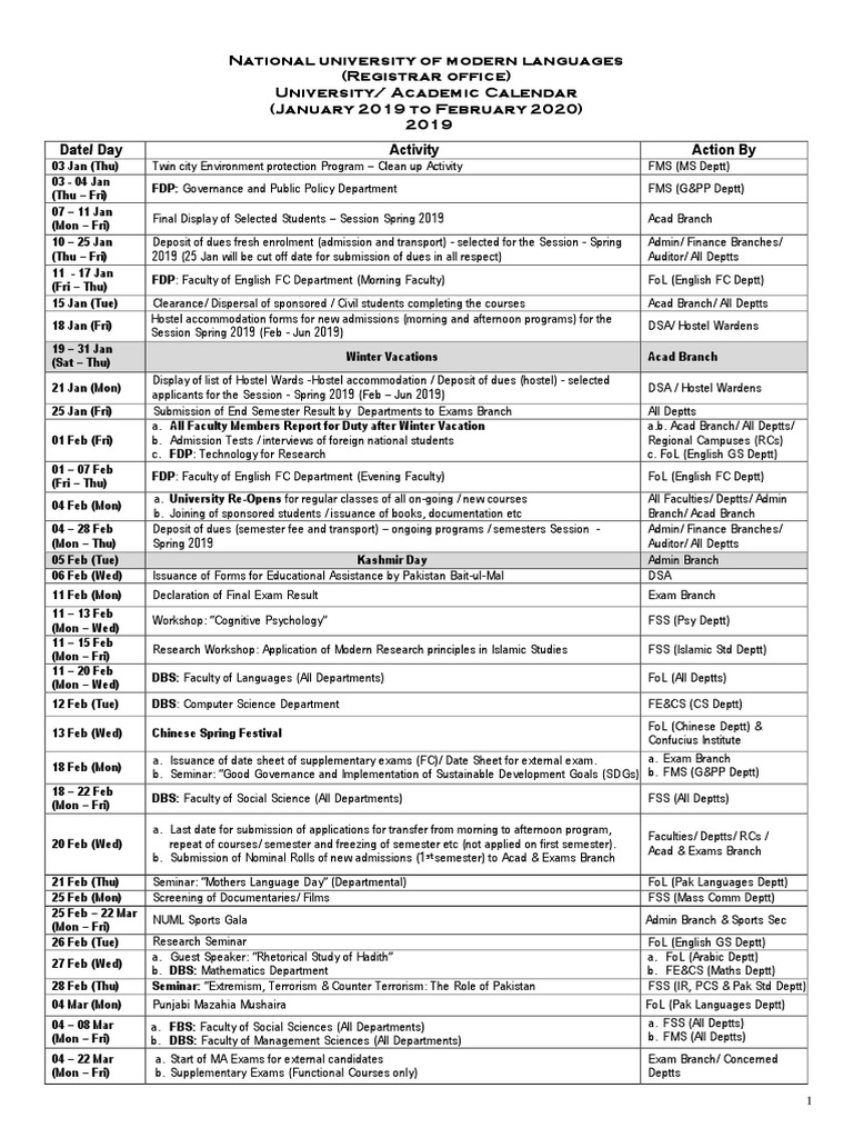 NUML Academic Calendar 2019-2020 | PDF | Academic Term | Computer Science