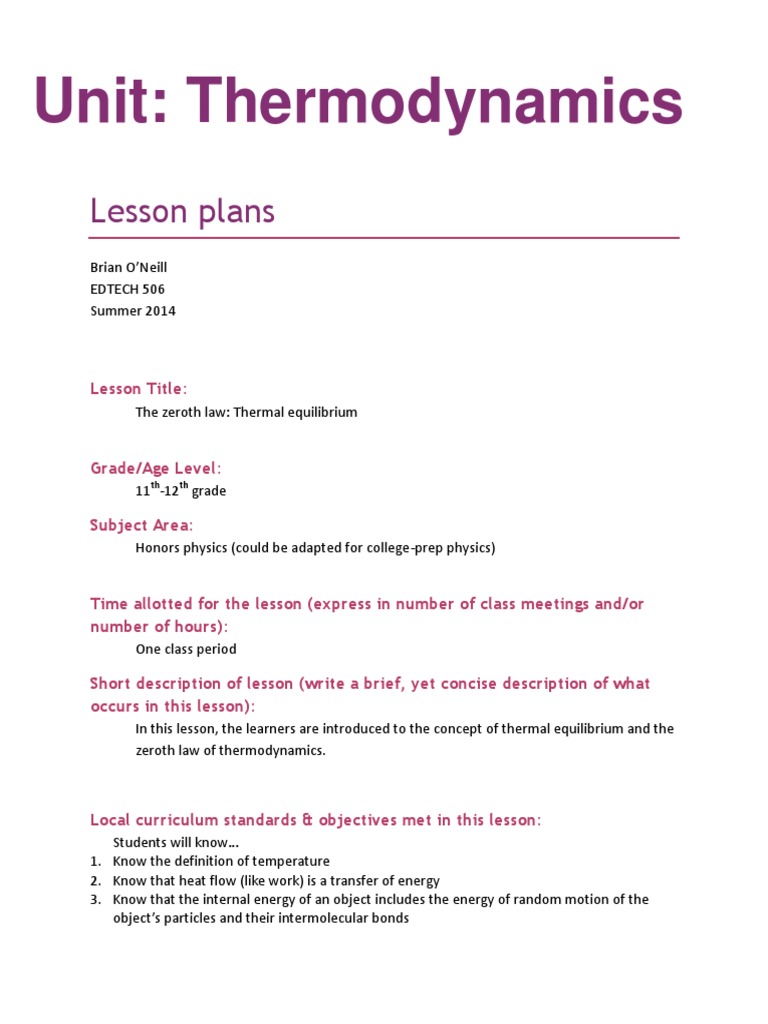 Lesson Plan Template: Unit: Thermodynamics | PDF | Second Law Of ...