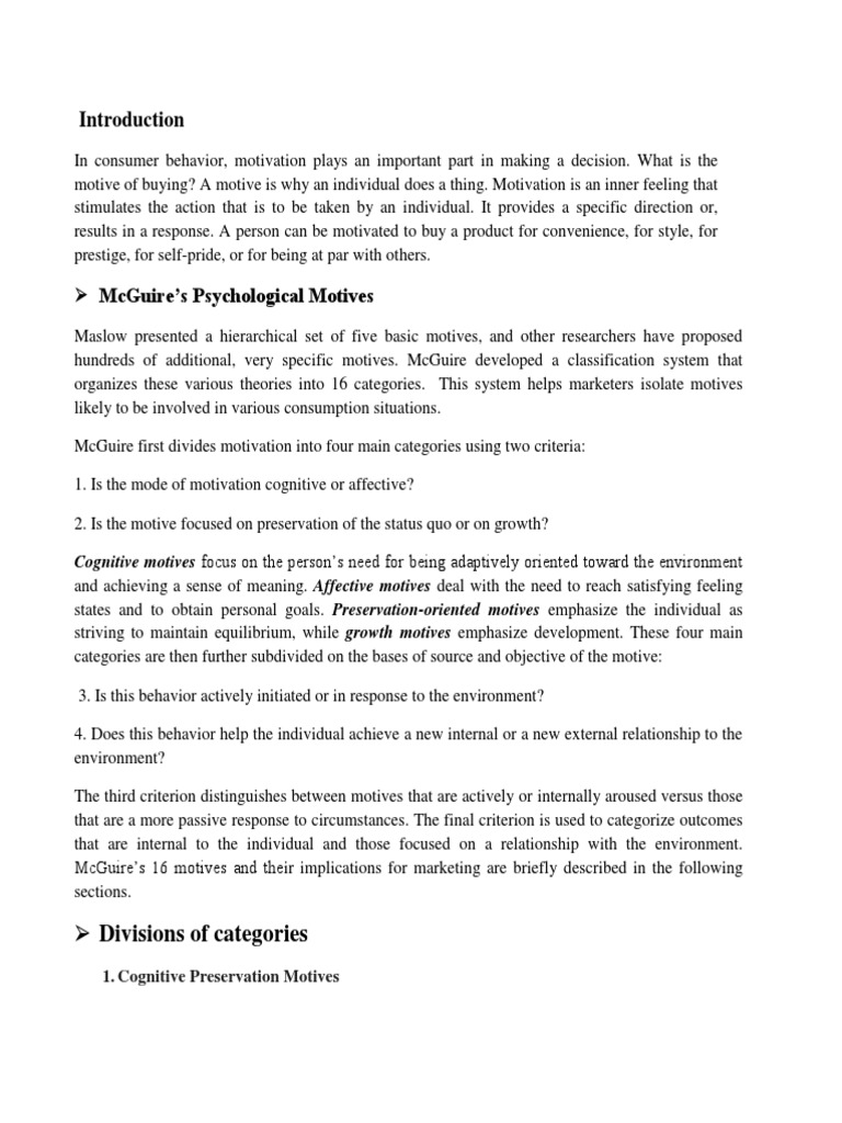Mcguire'S Psychological Motives: Divisions of Categories | PDF | Affect ...