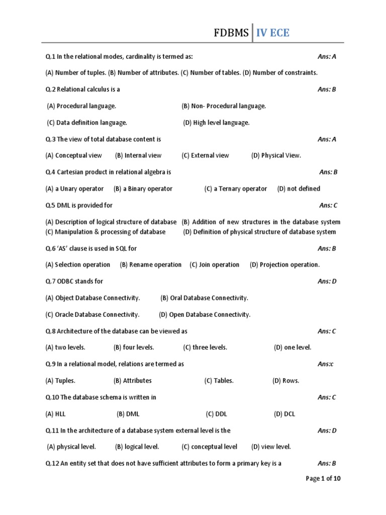 Objective Questions | Download Free PDF | Relational Database | Relational Model