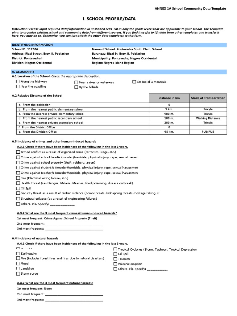 Annex 1A School Community Data Template 151030 | PDF | Natural Hazards ...