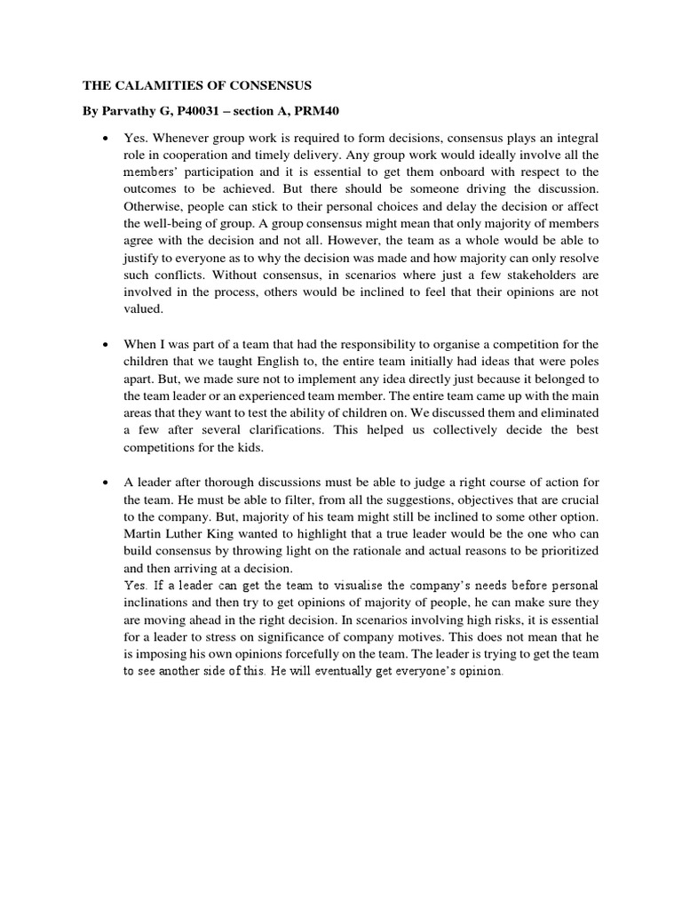 Case Incident - The Calamities of Consensus | PDF | Consensus Decision ...