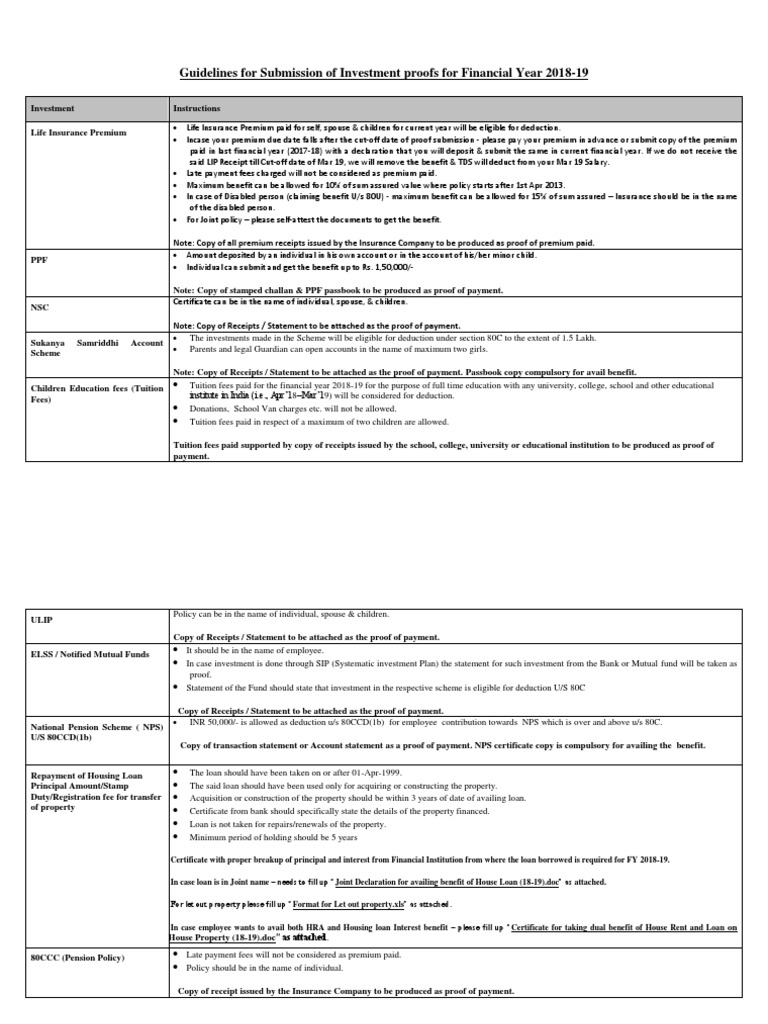 Guidelines For Investment Proof Submission 2018-19 | PDF | Tax ...