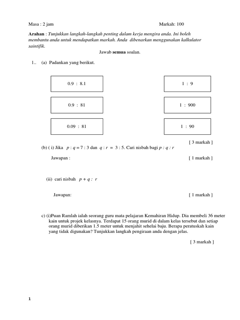 Ujian Akhir Tahun Matematik Tingkatan 1 2 | PDF