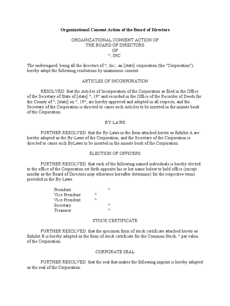 Directors Organizational Consent | PDF | Ratification | Board Of Directors