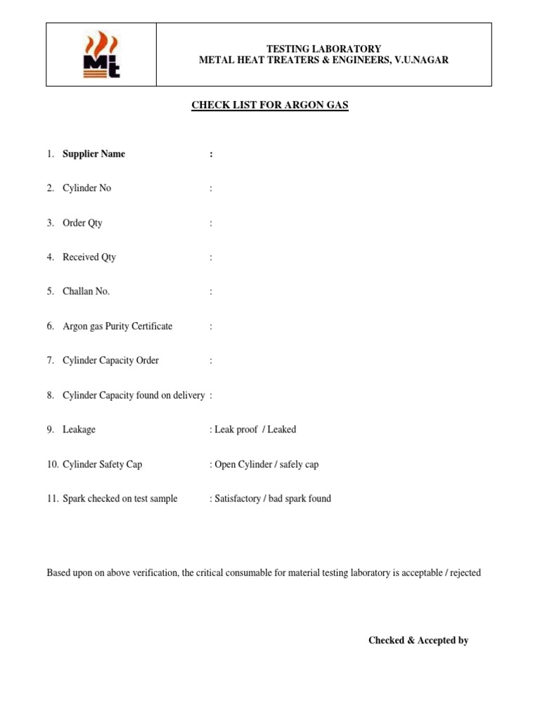 Argon Gas Inspection Checklist | PDF