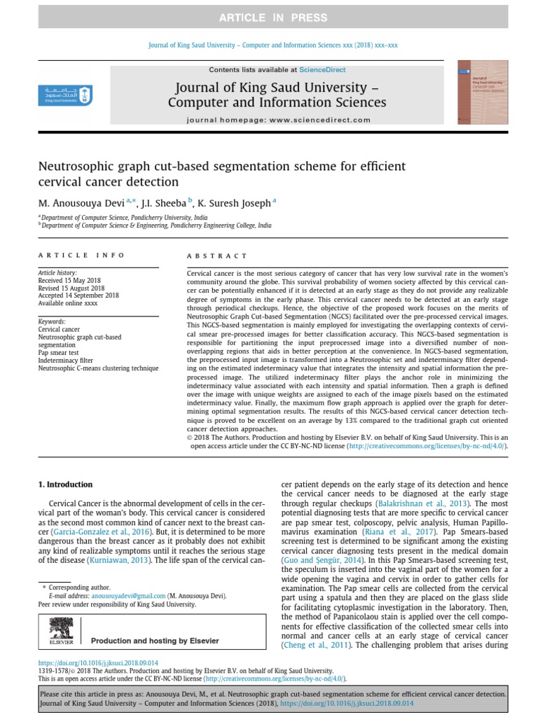 Neutrosophic Graph Cut-Based Segmentation Scheme For Efficient Cervical Cancer Detection | PDF ...