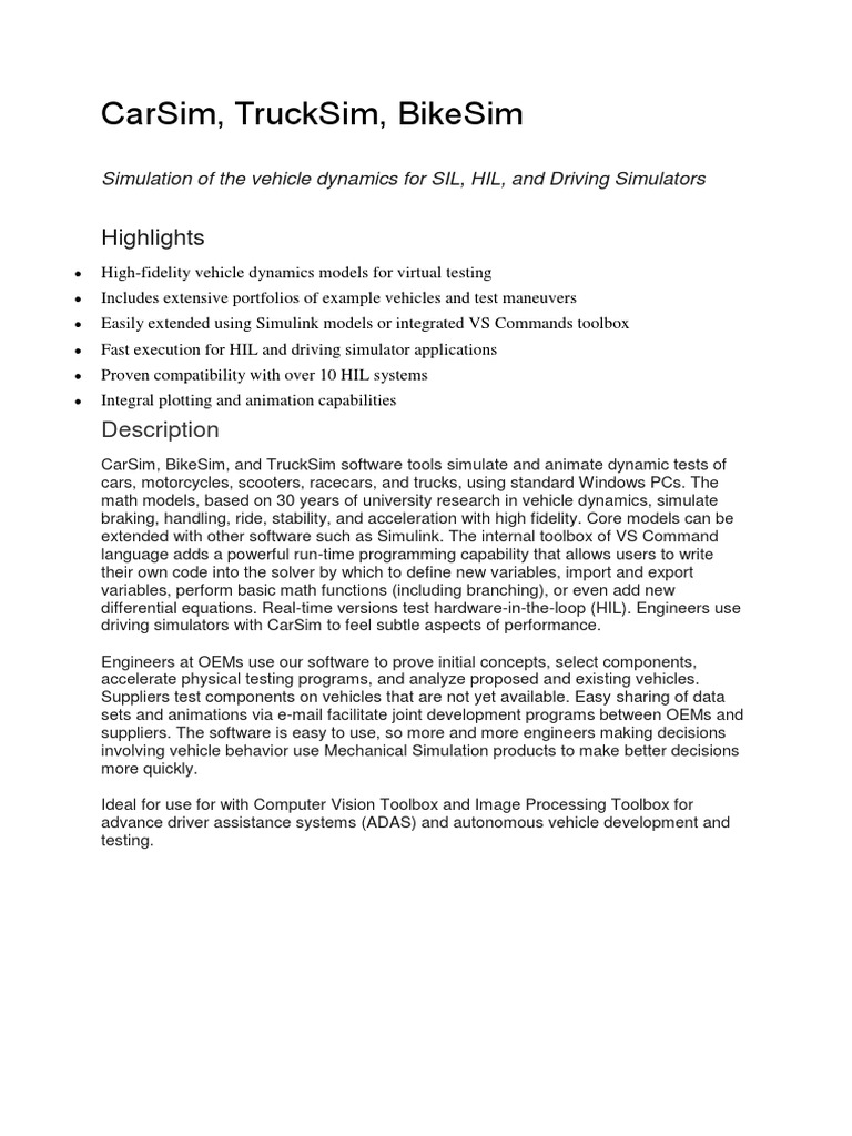 Carsim, Trucksim, Bikesim: Highlights | PDF | Computer Vision | Simulation