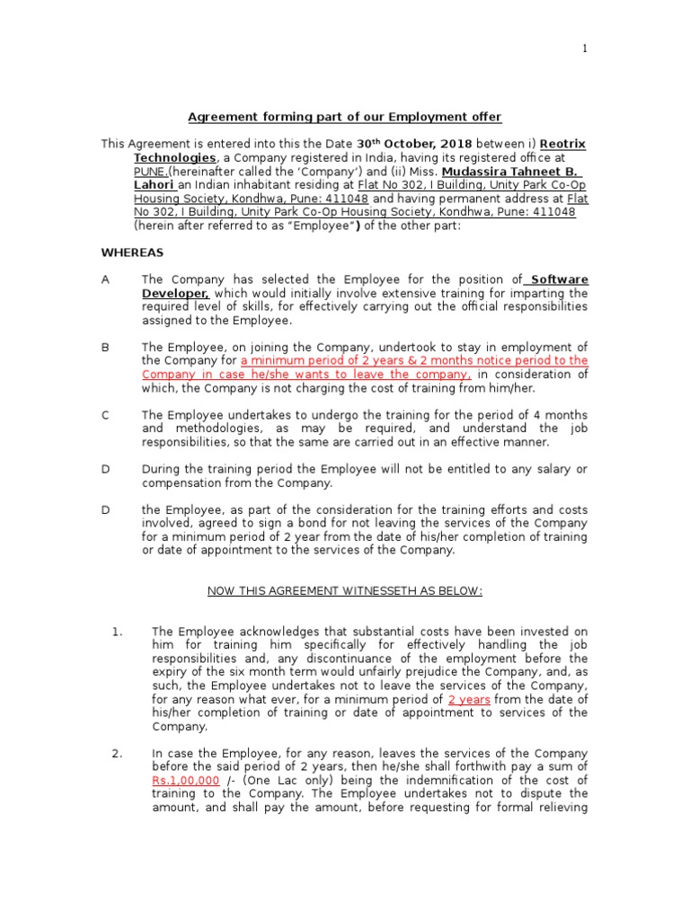 2-Year Employment Bond Agreement | PDF | Private Law | Employment
