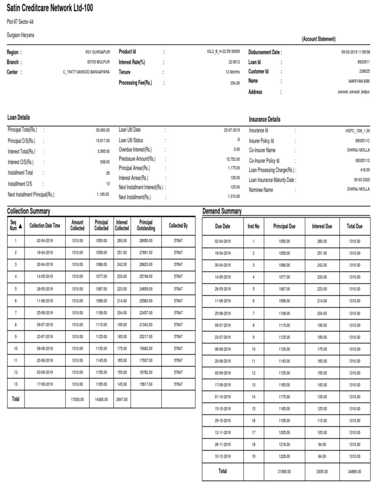 Collection Summary Demand Summary: Loan Details Insurance Details ...