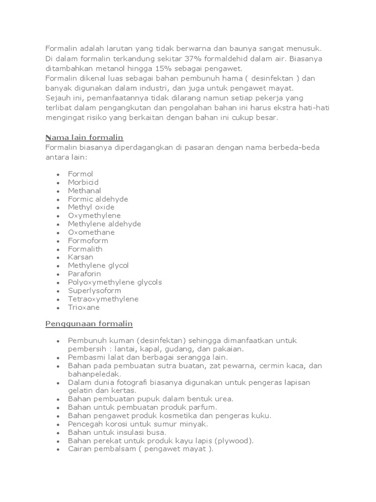 Formalin Adalah Larutan Yang Tidak Berwarna Dan Baunya Sangat Menusuk | PDF
