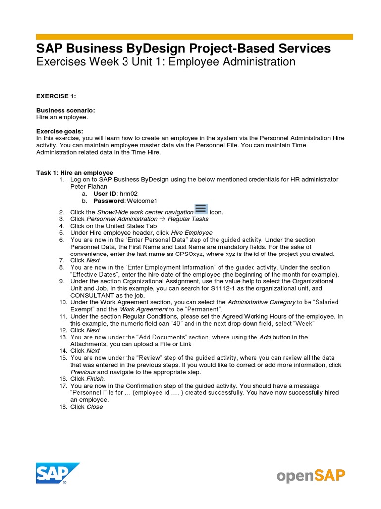 Sap Business Bydesign Project-Based Services: Exercises Week 3 Unit 1: Employee Administration ...