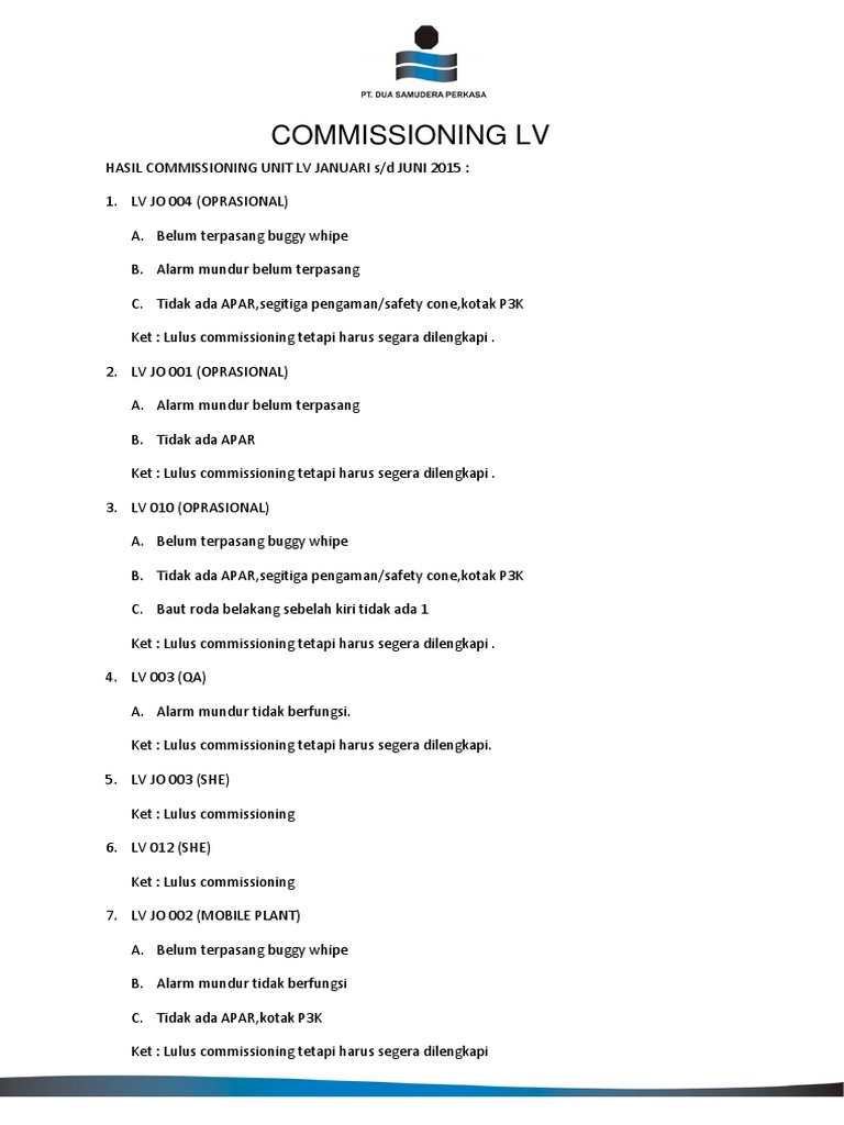 Hasil Commissioning Unit LV 2015 | PDF