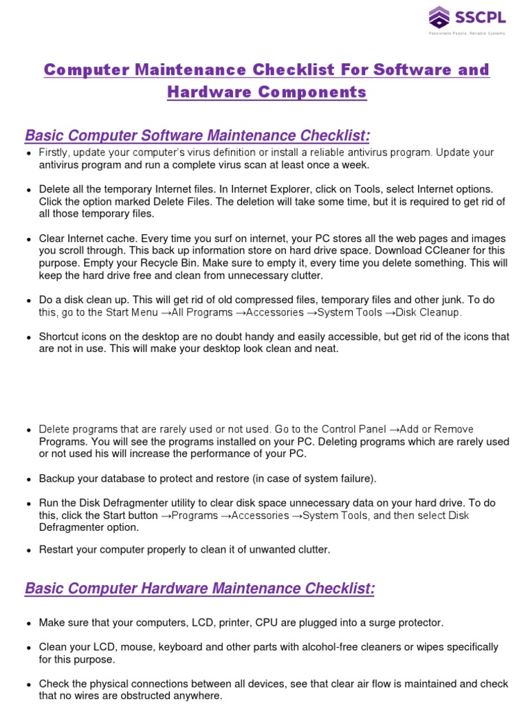 Computer Maintenance Checklist For Software and Hardware | PDF ...
