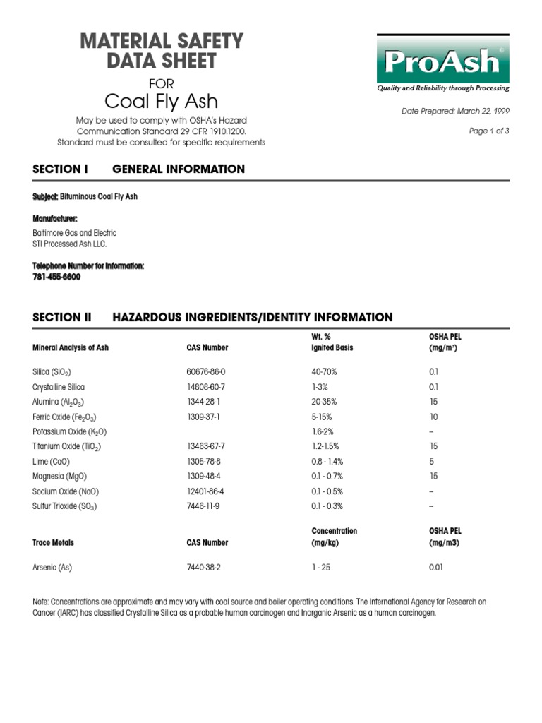 Coal Fly Ash: Material Safety Data Sheet | PDF | Fly Ash | Silicon Dioxide