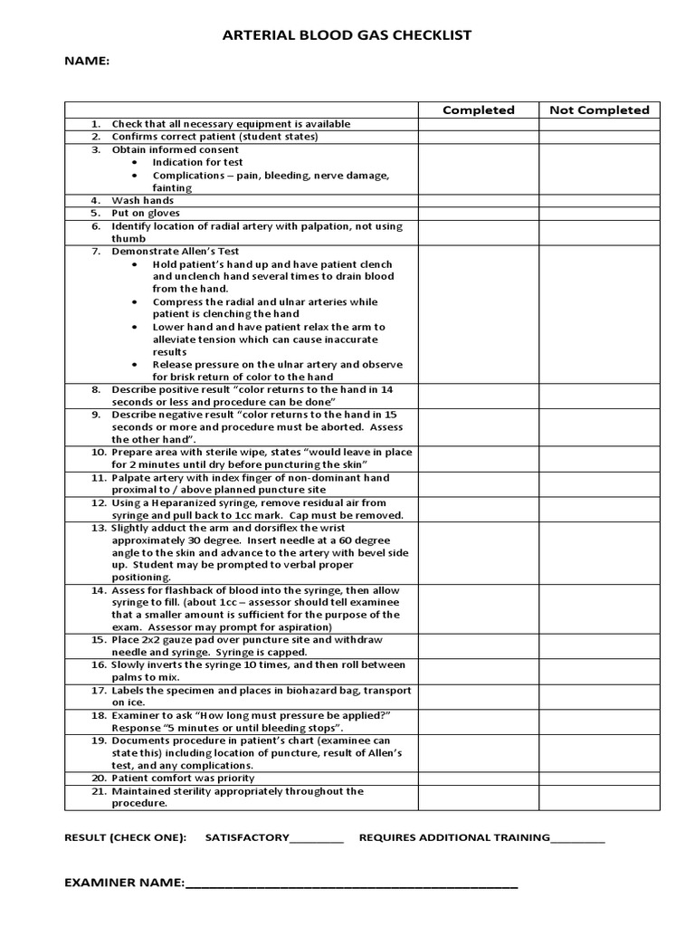 Arterial Blood Gas CHECKLIST PDF | PDF | Syringe | Hand