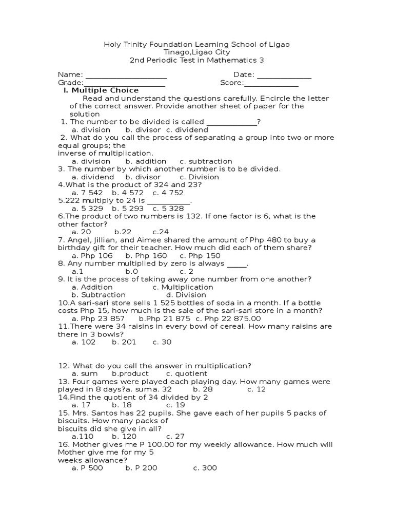 I. Multiple Choice | Download Free PDF | Division (Mathematics) | Numbers