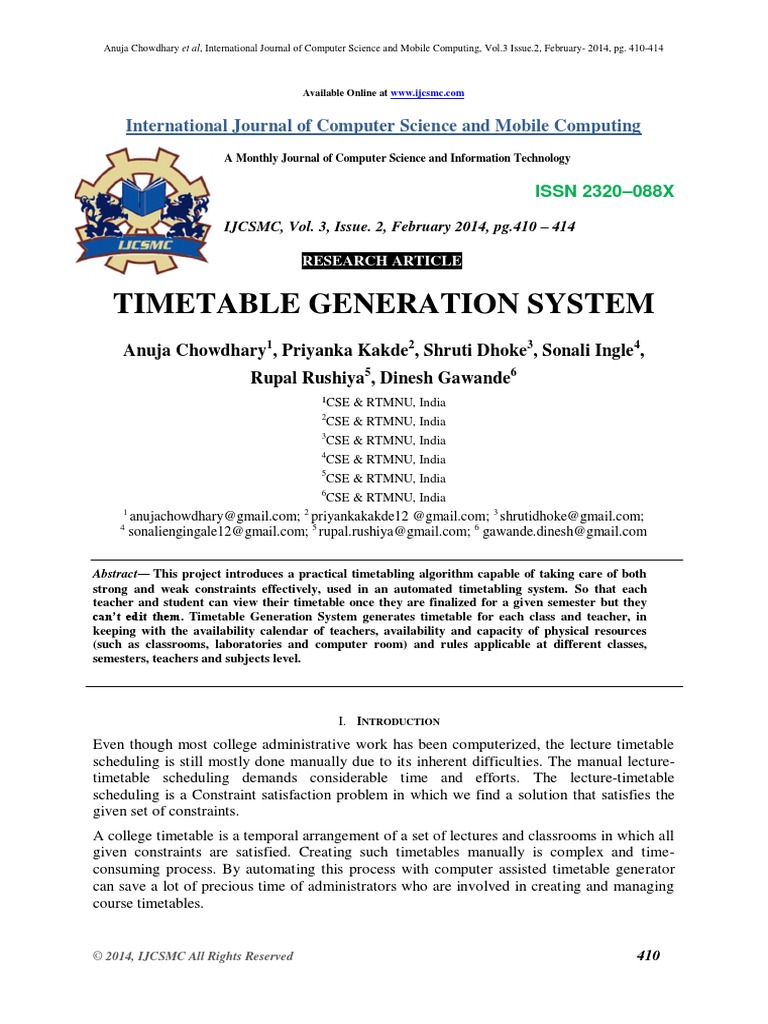 Timetable Generation System International Journal Of Computer Science