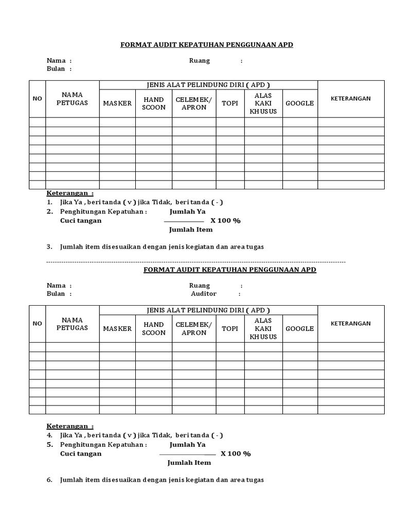 Form Audit Kepatuhan Staf Menggunakan Apd | PDF