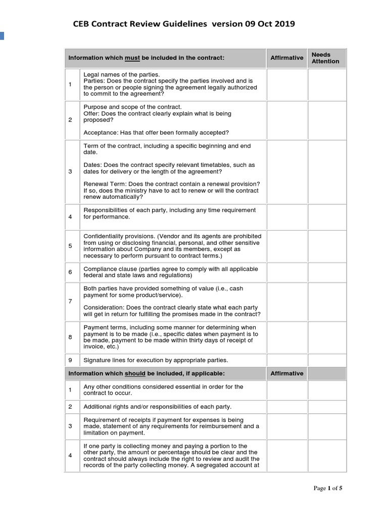 Contract Review Guidelines Checklist | PDF | Indemnity | Arbitration