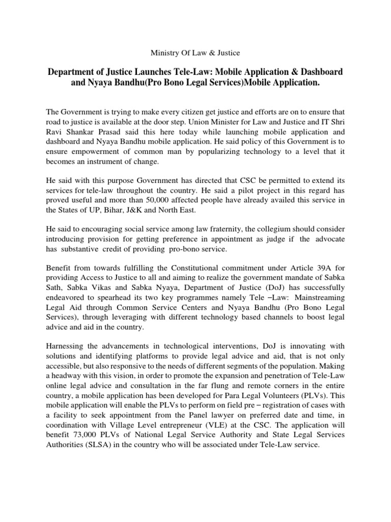 Department of Justice Launches Tele-Law - Mobile Application ...