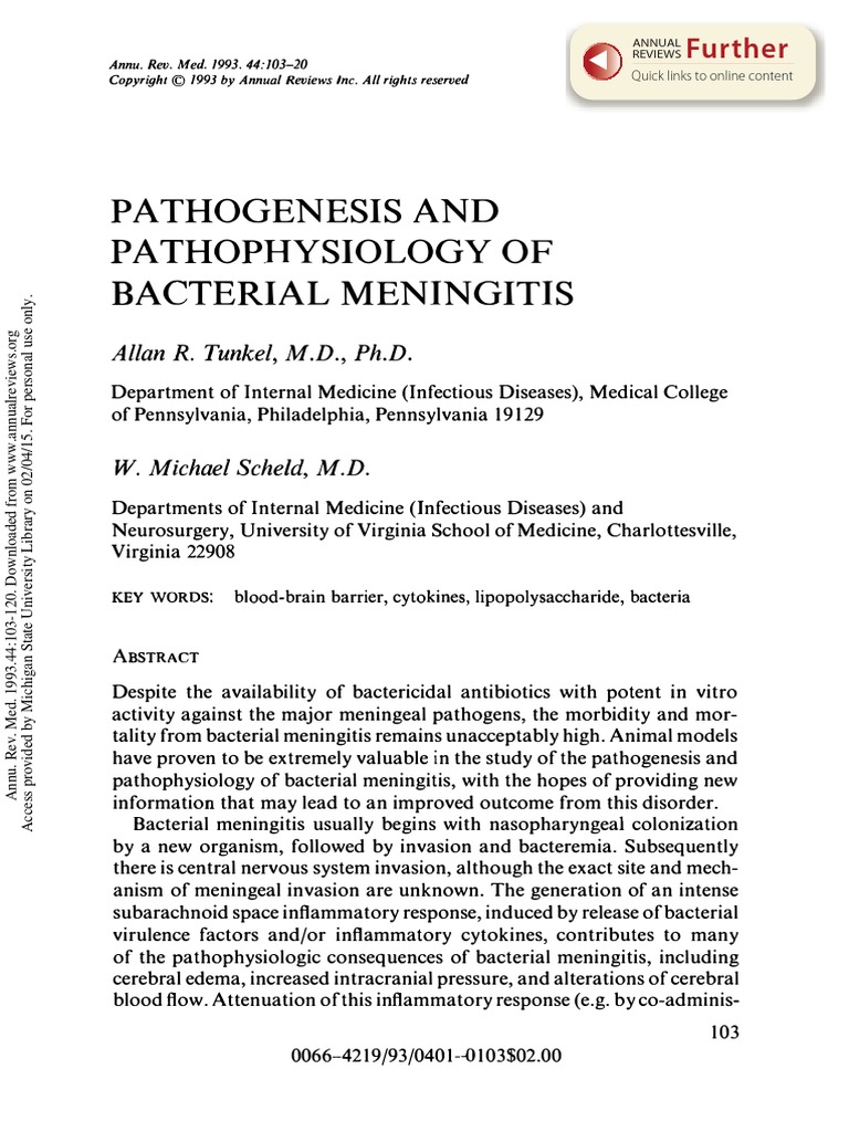 Pathogenesis and Pathophysiology of Bacterial Meningitis: Further | PDF ...