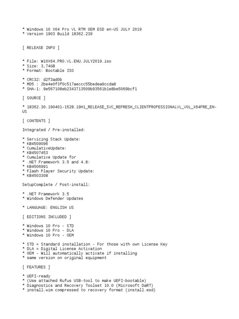 Windows 10 X64 Pro VL OEM ESD en-US JULY 2019 (Gen2) | PDF