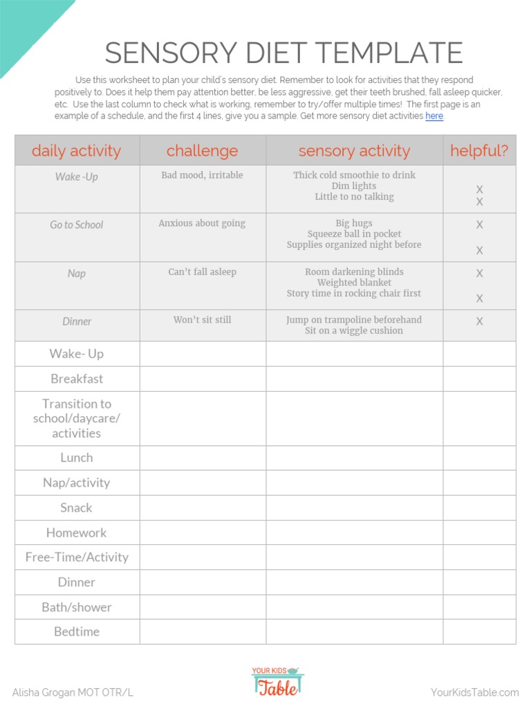 Sensory Diet Template: Daily Activity Challenge Sensory Activity ...