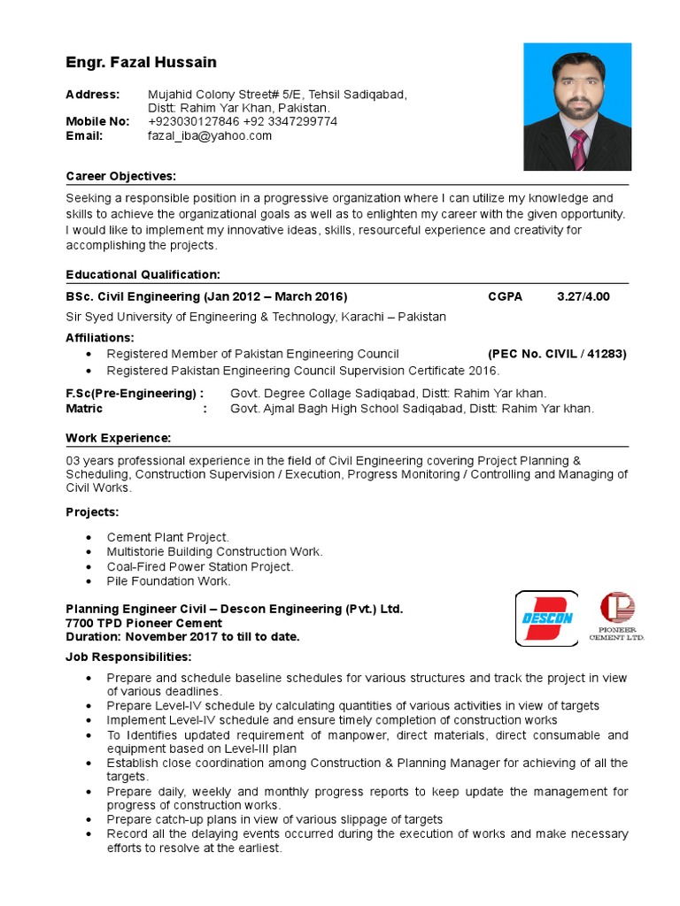 (Updated) CV - Civil Egineer | PDF | Engineering | Economic Sectors