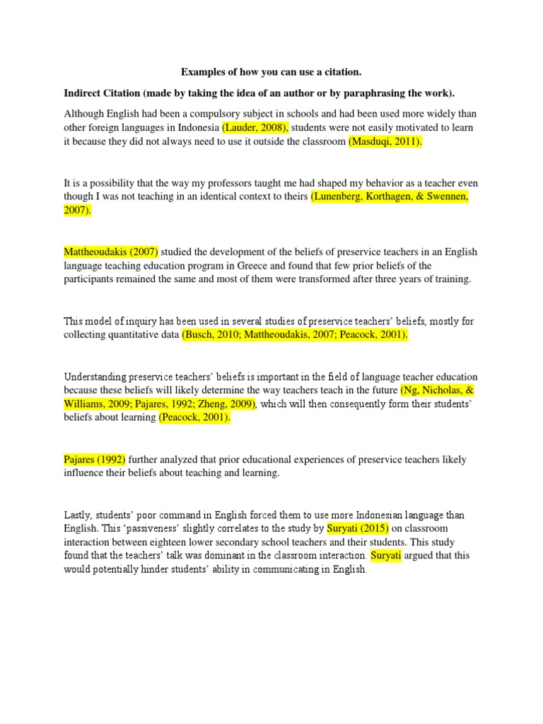 Examples of How You Can Use A Citation. Indirect Citation (Made by ...