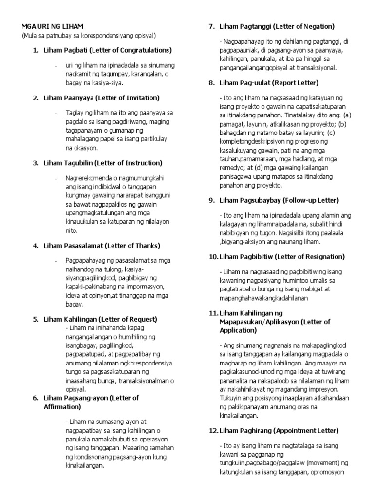 Mga Uri NG Liham - Larang | PDF