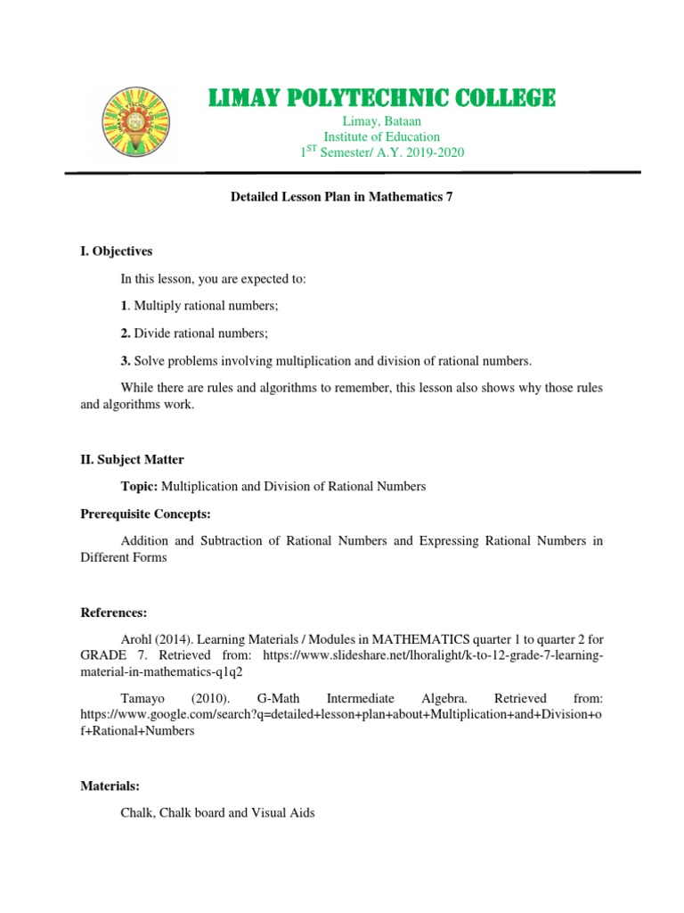 Lesson Plan - Multification and Divisions of Rational Number | PDF ...