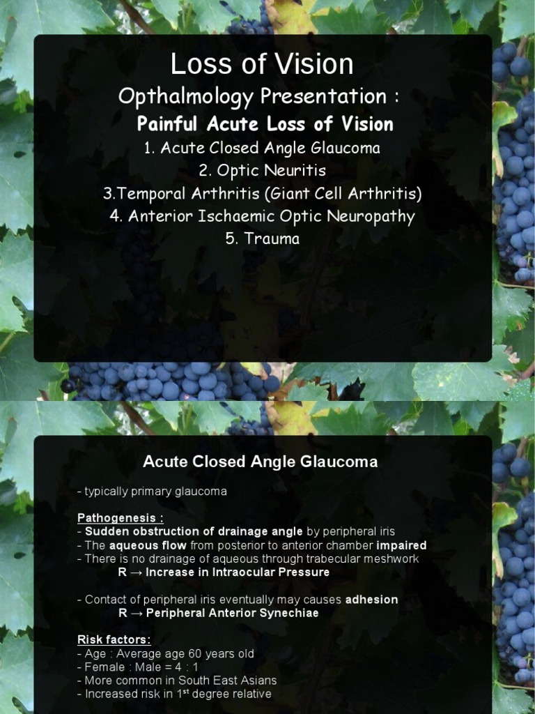 Loss of Vision: Opthalmology Presentation | PDF | Glaucoma | Diseases Of The Eye And Adnexa