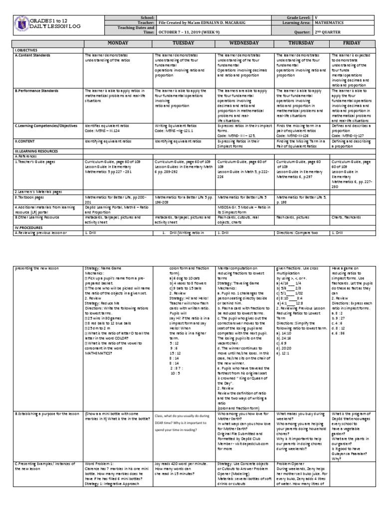 DLL Mathematics 5 q2 w9 | PDF | Ratio | Fraction (Mathematics)