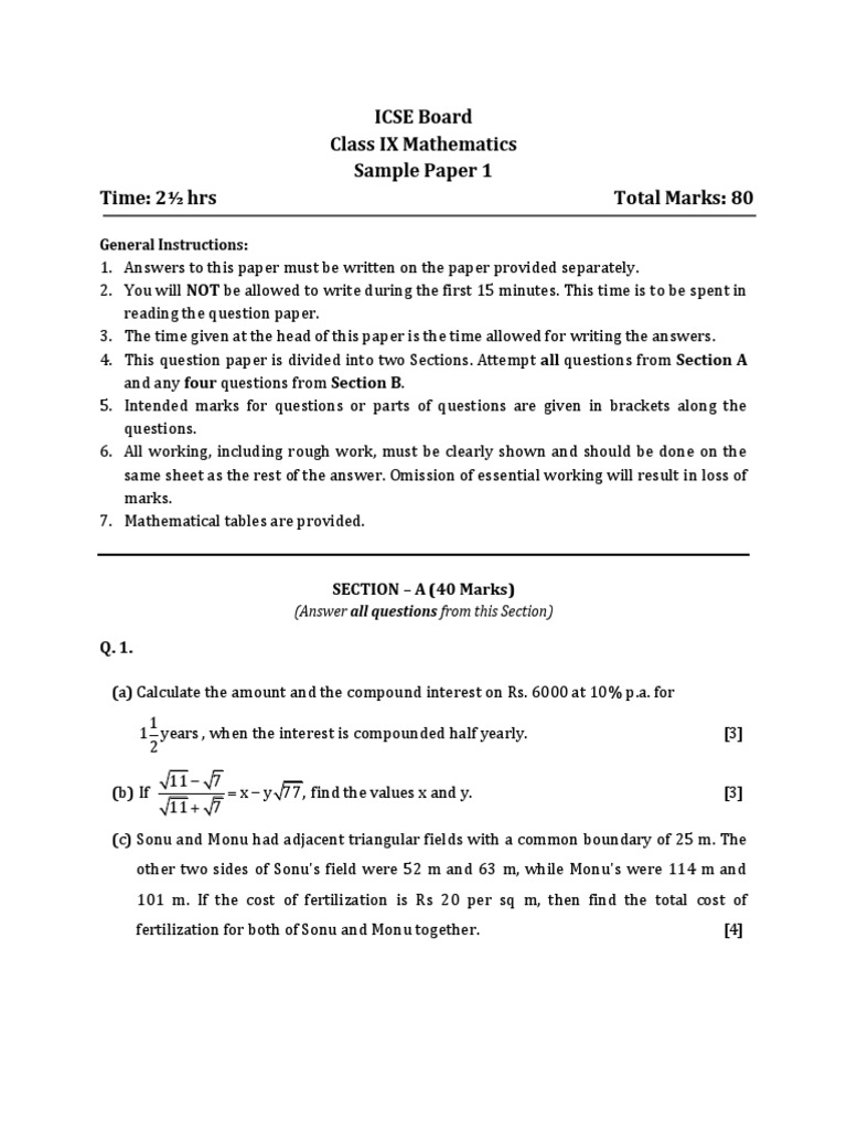 ICSE Board Class IX Mathematics Sample Paper 1: General Instructions ...