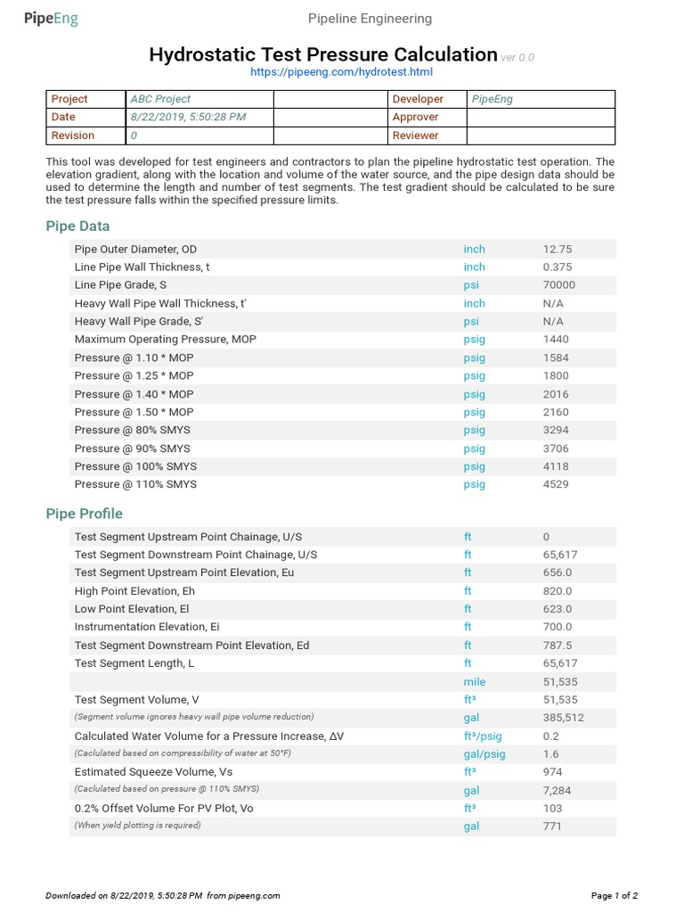 Hydrostatic Test Pressure Calculation: Pipe Data | PDF | Pressure ...