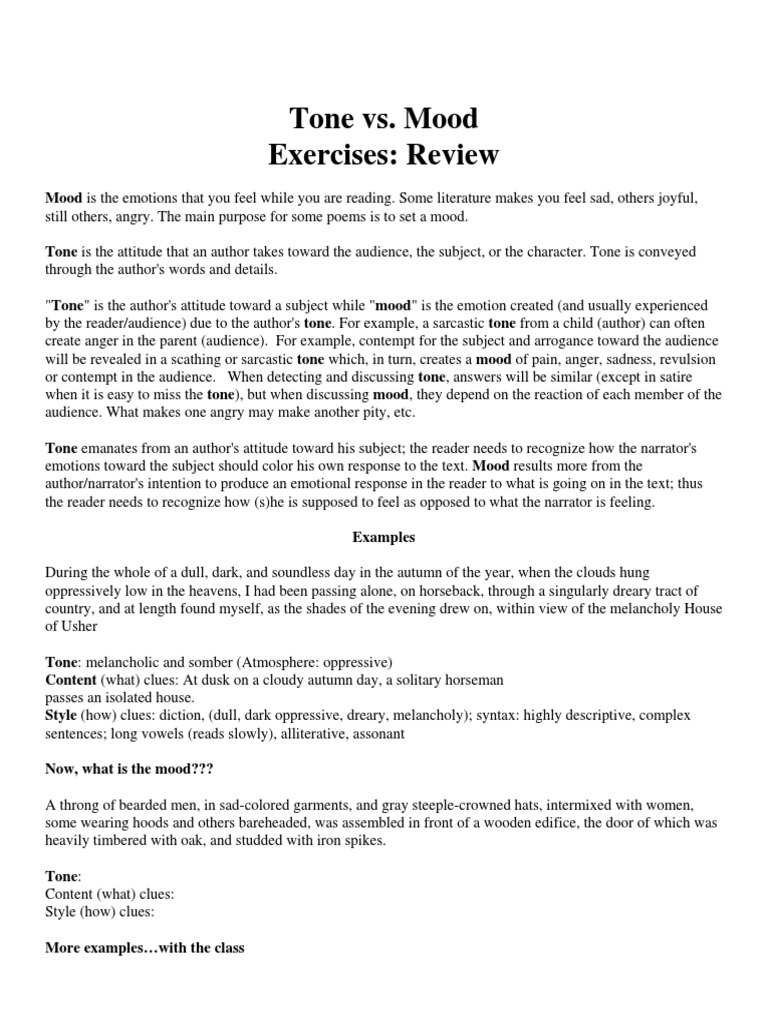 Tone Vs Mood Exercise Notes and Examples | PDF | Subjective Experience ...