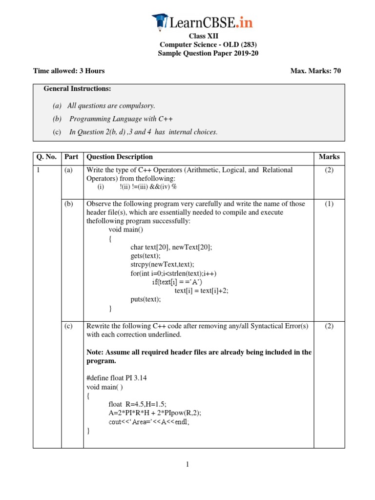 CBSE Class 12 Computer Science Sample Paper | PDF | Array Data ...