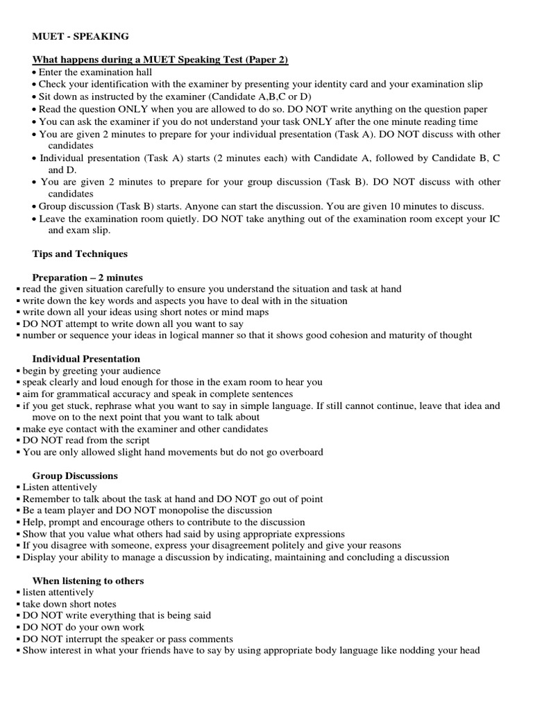 Muet - Speaking What Happens During A MUET Speaking Test (Paper 2 ...
