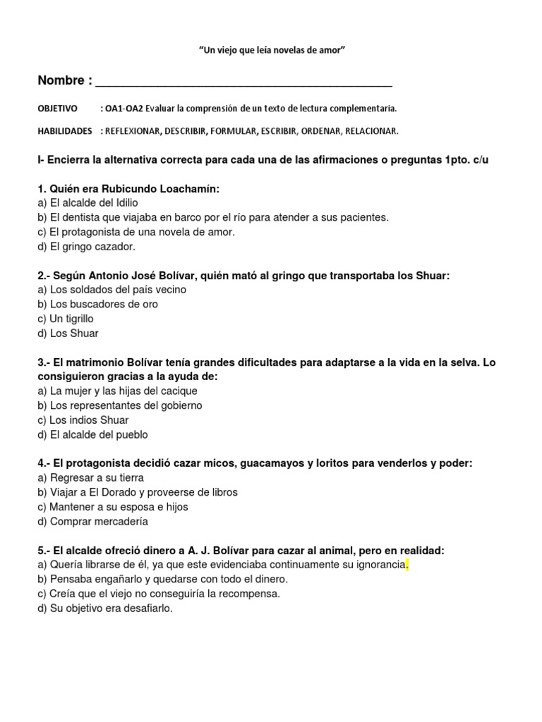 Evaluación de "Un viejo que leía novelas de amor" | PDF | Amor