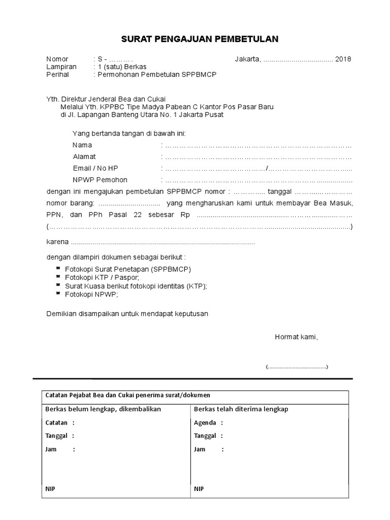 Surat Permohonan Pembetulan Pajak Bea Cukai | PDF