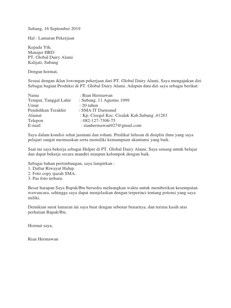 Surat Lamaran Rian | PDF